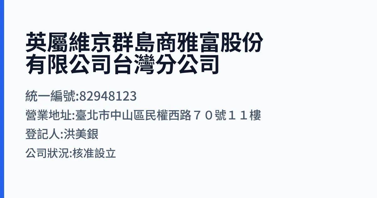 英屬維京群島商雅富股份有限公司台灣分公司 - 統編 82948123(臺北市) 公司登記資料與營業項目詳細圖表