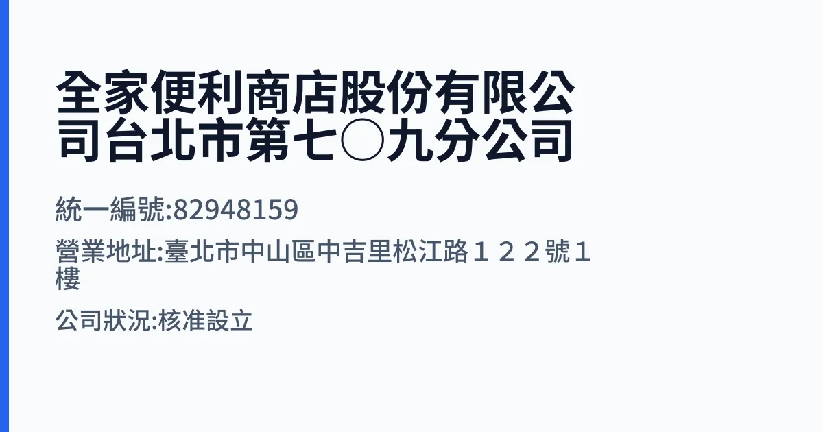 全家便利商店股份有限公司台北市第七○九分公司 - 統編 82948159(臺北市) 公司登記資料與營業項目詳細圖表