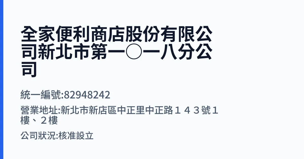 全家便利商店股份有限公司新北市第一○一八分公司 - 統編 82948242(新北市) 公司登記資料與營業項目詳細圖表