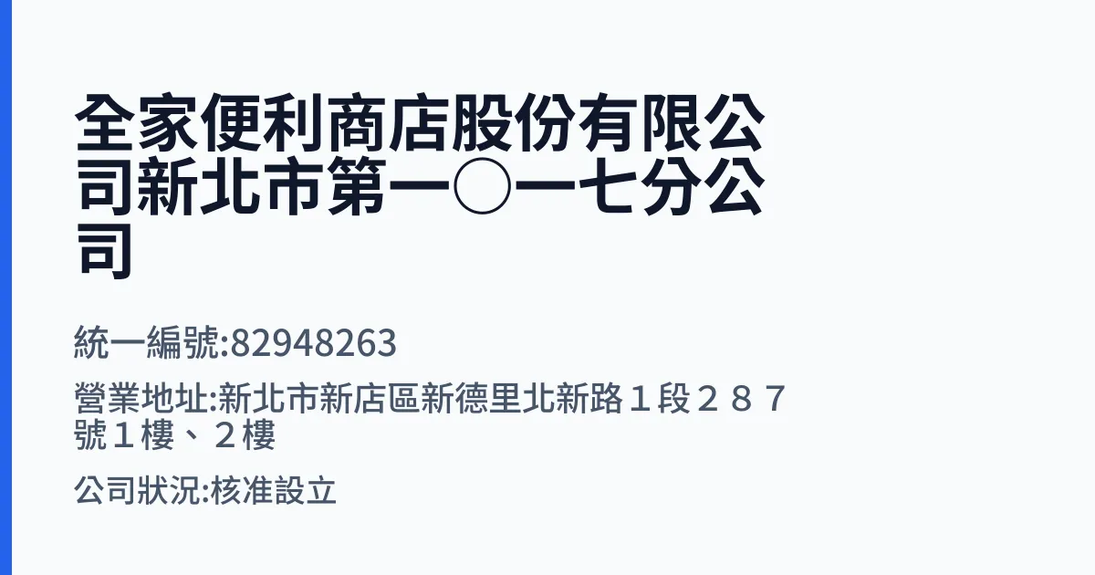 全家便利商店股份有限公司新北市第一○一七分公司 - 統編 82948263(新北市) 公司登記資料與營業項目詳細圖表
