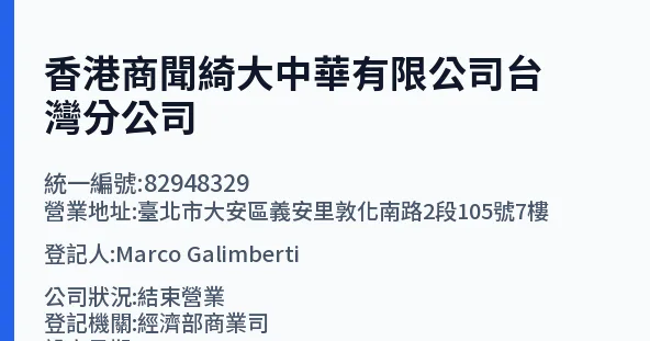 香港商聞綺大中華有限公司台灣分公司的照片-統編 82948329(臺北市) 公司登記資料與營業項目詳細圖表