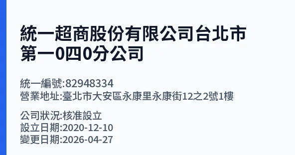 統一超商股份有限公司台北市第一0四0分公司的照片-統編 82948334(臺北市) 公司登記資料與營業項目詳細圖表