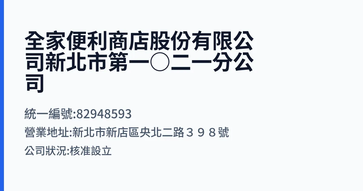 全家便利商店股份有限公司新北市第一○二一分公司 - 統編 82948593(新北市) 公司登記資料與營業項目詳細圖表