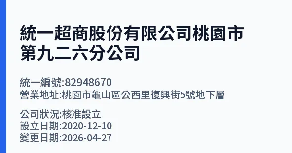 統一超商股份有限公司桃園市第九二六分公司的照片-統編 82948670(桃園市) 公司登記資料與營業項目詳細圖表