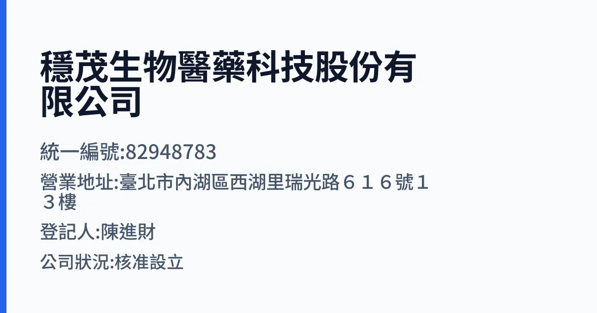 穩茂生物醫藥科技股份有限公司 - 統編 82948783(臺北市) 公司登記資料與營業項目詳細圖表