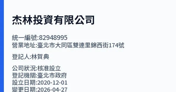 杰林投資有限公司的照片-統編 82948995(臺北市) 公司登記資料與營業項目詳細圖表