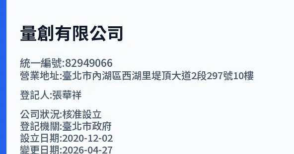 量創有限公司的照片-統編 82949066(臺北市) 公司登記資料與營業項目詳細圖表