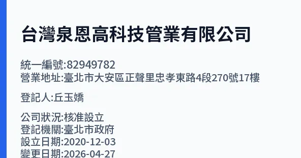 台灣泉恩高科技管業有限公司的照片-統編 82949782(臺北市) 公司登記資料與營業項目詳細圖表