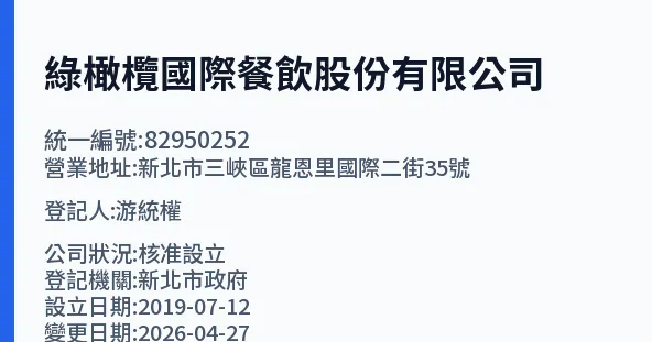 綠橄欖國際餐飲股份有限公司的照片-統編 82950252(新北市) 公司登記資料與營業項目詳細圖表