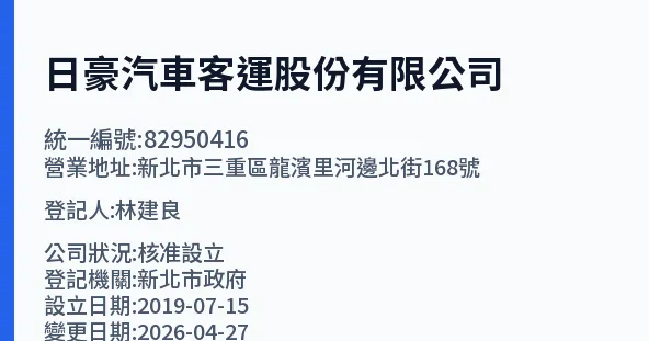 日豪汽車客運股份有限公司的照片-統編 82950416(新北市) 公司登記資料與營業項目詳細圖表