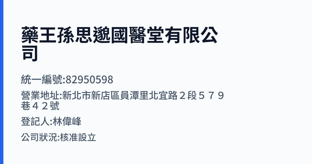 藥王孫思邈國醫堂有限公司 - 統編 82950598(新北市) 公司登記資料與營業項目詳細圖表