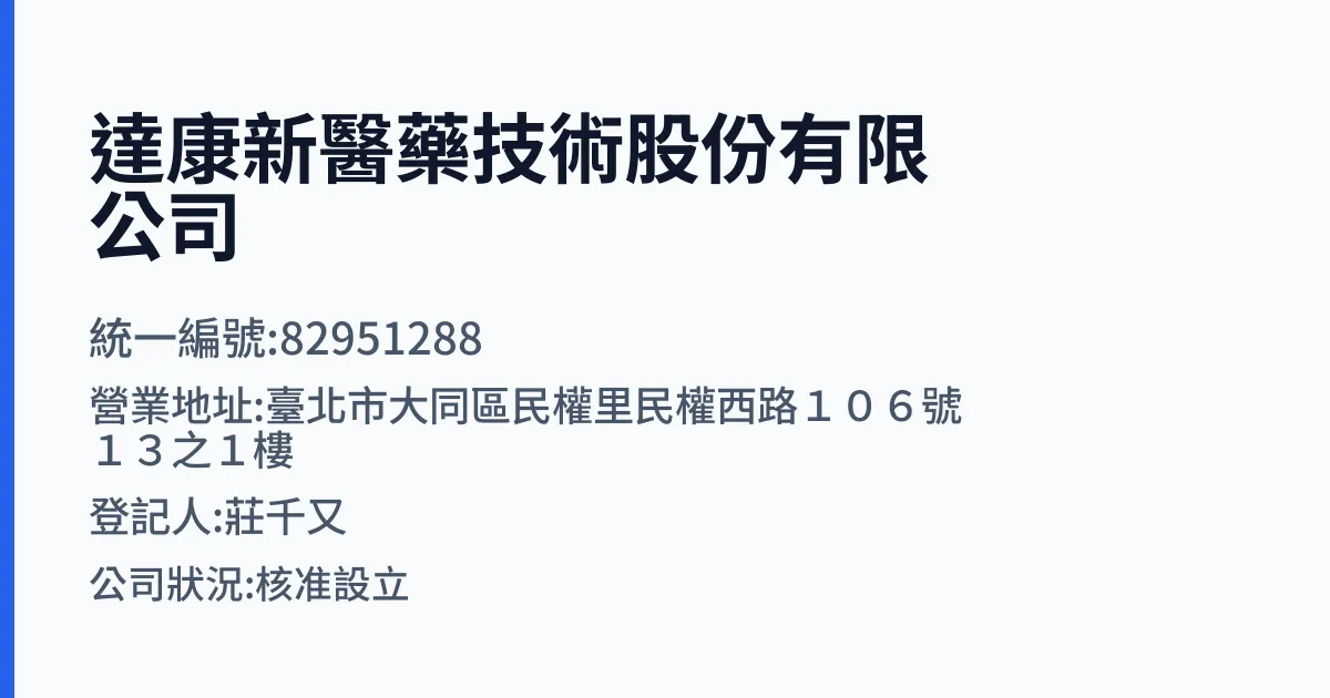 達康新醫藥技術股份有限公司 - 統編 82951288(臺北市) 公司登記資料與營業項目詳細圖表