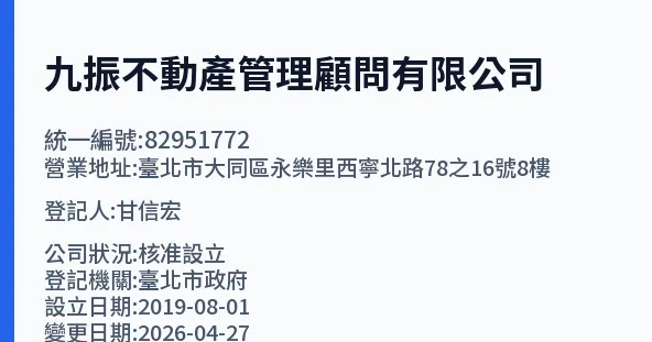 九振不動產管理顧問有限公司的照片-統編 82951772(臺北市) 公司登記資料與營業項目詳細圖表