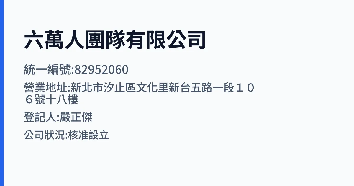 六萬人團隊有限公司 - 統編 82952060(臺北市) 公司登記資料與營業項目詳細圖表