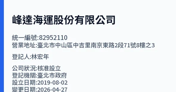 峰達海運股份有限公司的照片-統編 82952110(臺北市) 公司登記資料與營業項目詳細圖表