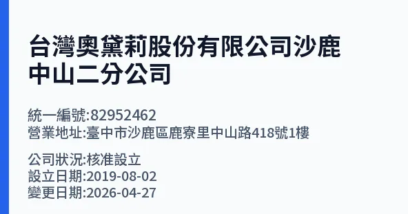 台灣奧黛莉股份有限公司沙鹿中山二分公司的照片-統編 82952462(臺中市) 公司登記資料與營業項目詳細圖表