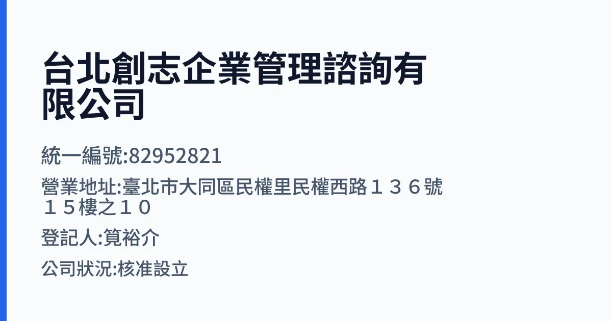 台北創志企業管理諮詢有限公司 - 統編 82952821(臺北市) 公司登記資料與營業項目詳細圖表