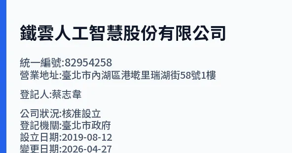 鐵雲人工智慧股份有限公司的照片-統編 82954258(臺北市) 公司登記資料與營業項目詳細圖表