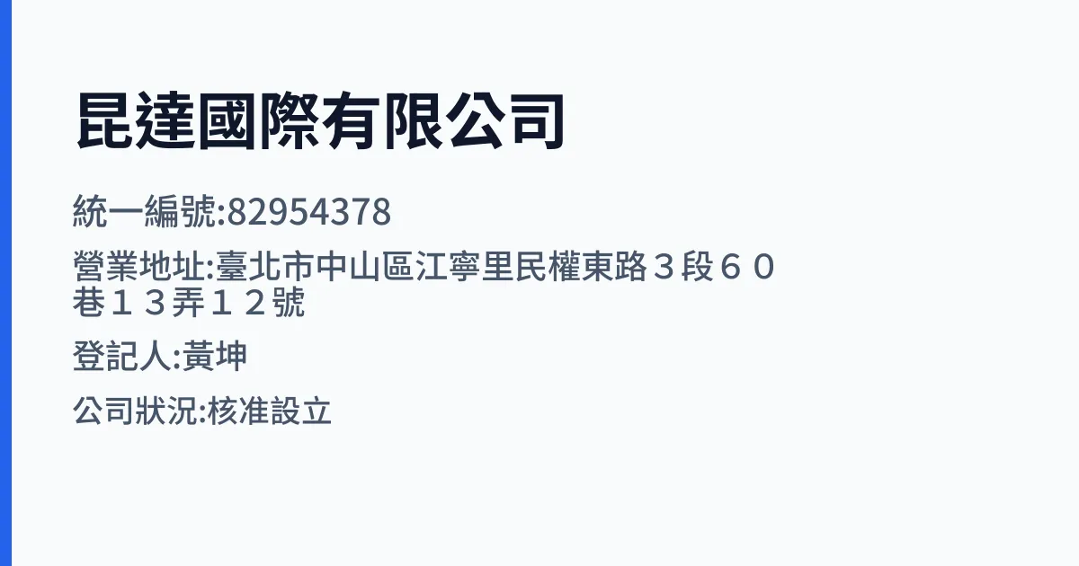 昆達國際有限公司 - 統編 82954378(臺北市) 公司登記資料與營業項目詳細圖表