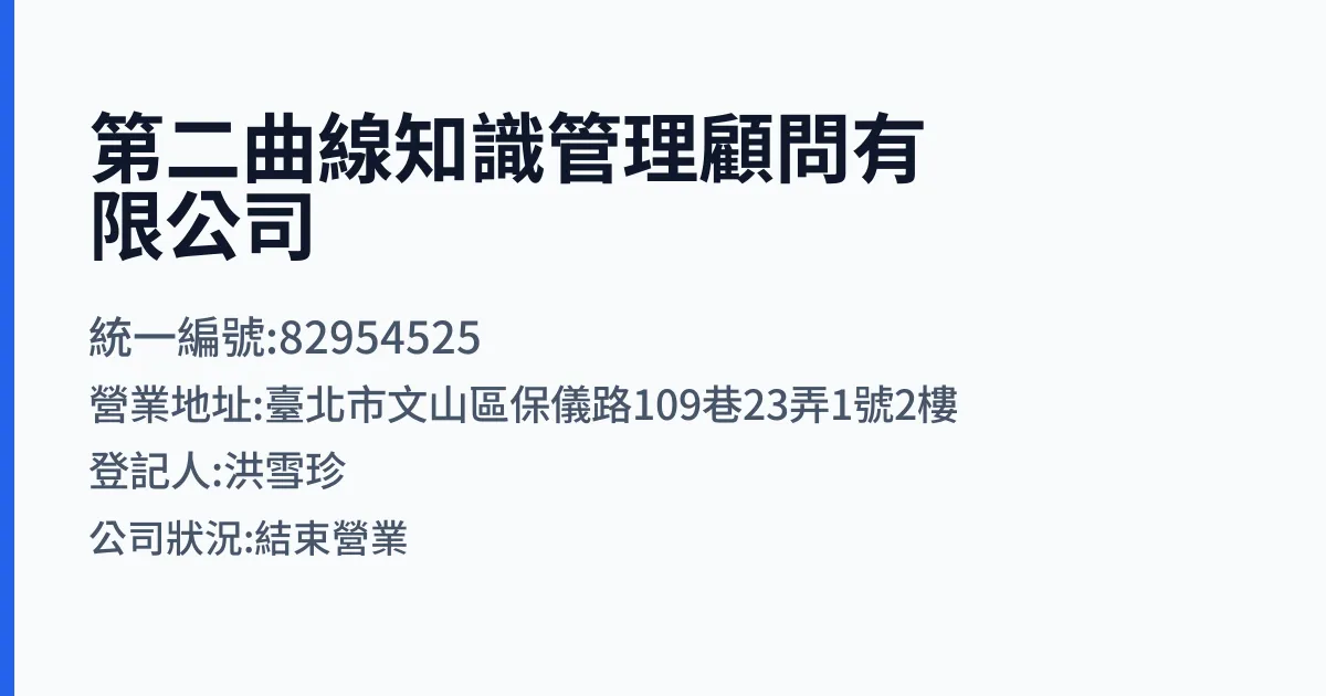 第二曲線知識管理顧問有限公司 - 統編 82954525(臺北市) 公司登記資料與營業項目詳細圖表