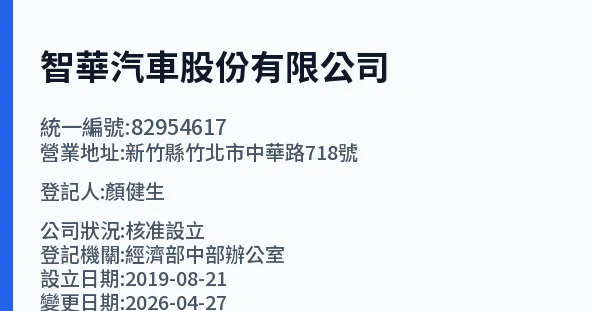 智華汽車股份有限公司的照片-統編 82954617(新竹縣) 公司登記資料與營業項目詳細圖表