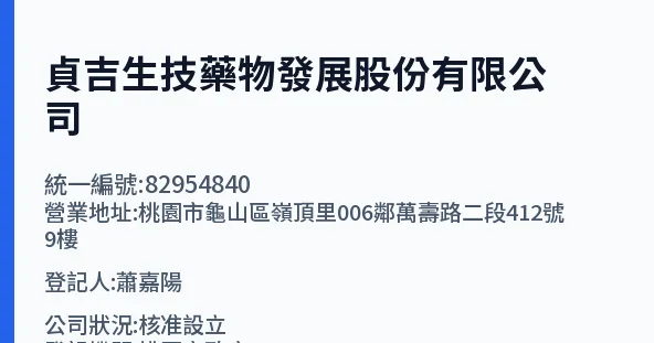 貞吉生技藥物發展股份有限公司的照片-統編 82954840(桃園市) 公司登記資料與營業項目詳細圖表