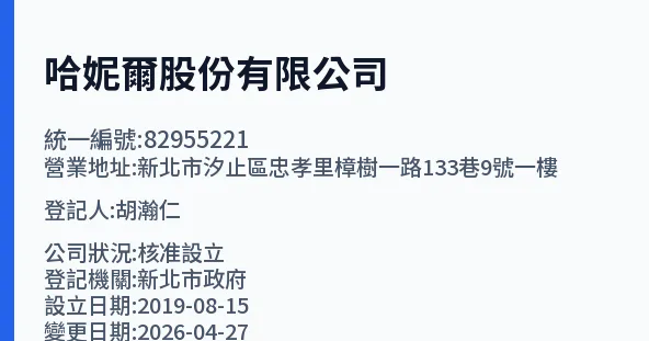哈妮爾股份有限公司的照片-統編 82955221(新北市) 公司登記資料與營業項目詳細圖表