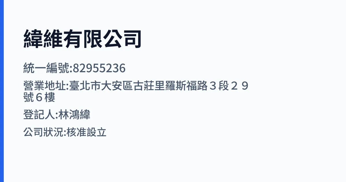 緯維有限公司 - 統編 82955236(臺北市) 公司登記資料與營業項目詳細圖表