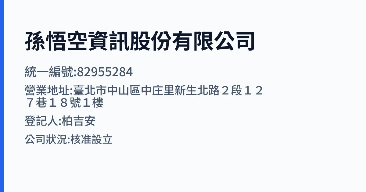 孫悟空資訊股份有限公司 - 統編 82955284(臺北市) 公司登記資料與營業項目詳細圖表
