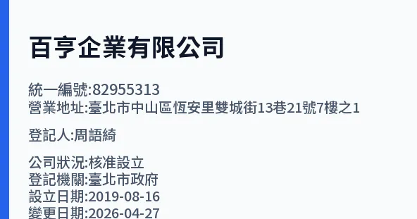 百亨企業有限公司的照片-統編 82955313(臺北市) 公司登記資料與營業項目詳細圖表