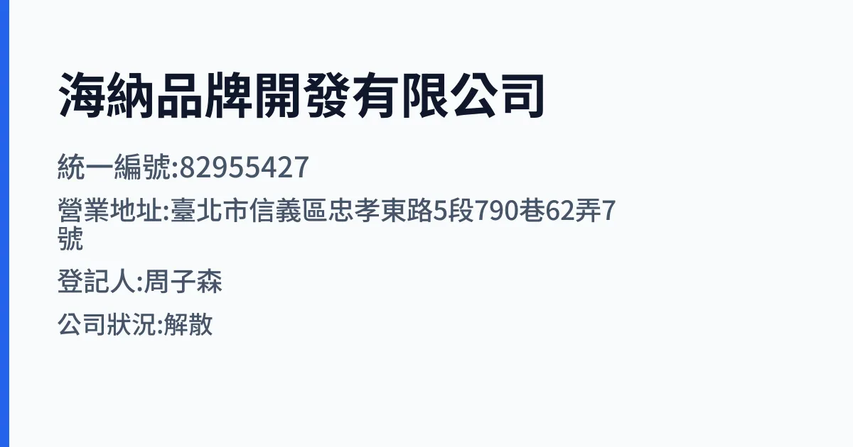 海納品牌開發有限公司 - 統編 82955427(臺北市) 公司登記資料與營業項目詳細圖表