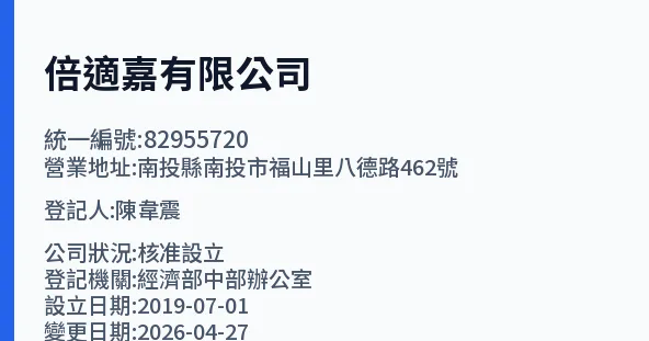 倍適嘉有限公司的照片-統編 82955720(南投縣) 公司登記資料與營業項目詳細圖表