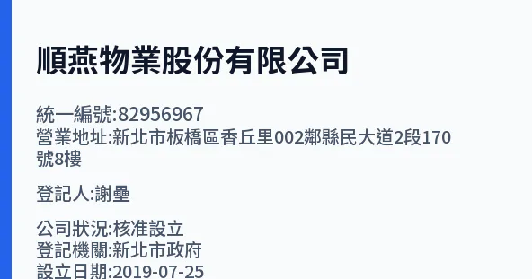 順燕物業股份有限公司的照片-統編 82956967(新北市) 公司登記資料與營業項目詳細圖表