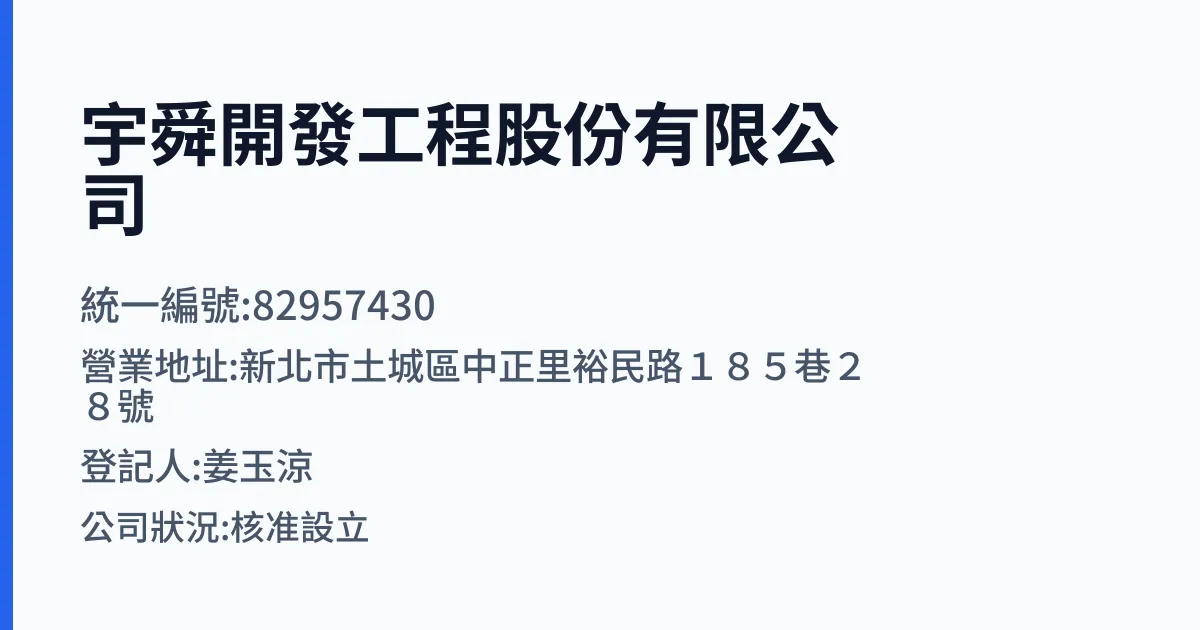 宇舜開發工程股份有限公司 - 統編 82957430(新北市) 公司登記資料與營業項目詳細圖表