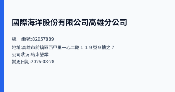 國際海洋股份有限公司高雄分公司的照片-統編 82957889(高雄市) 公司登記資料與營業項目詳細圖表