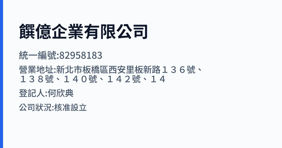 饌億企業有限公司 - 統編 82958183(新北市) 公司登記資料與營業項目詳細圖表