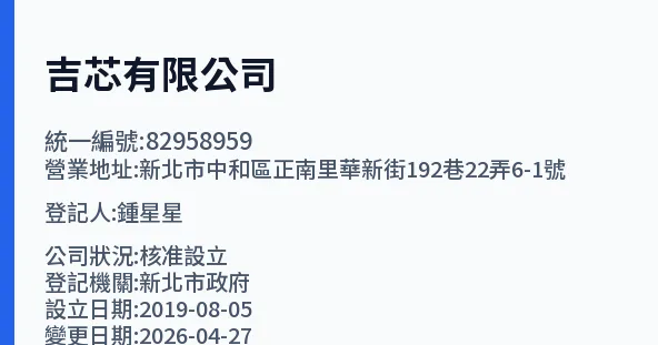 吉芯有限公司的照片-統編 82958959(新北市) 公司登記資料與營業項目詳細圖表