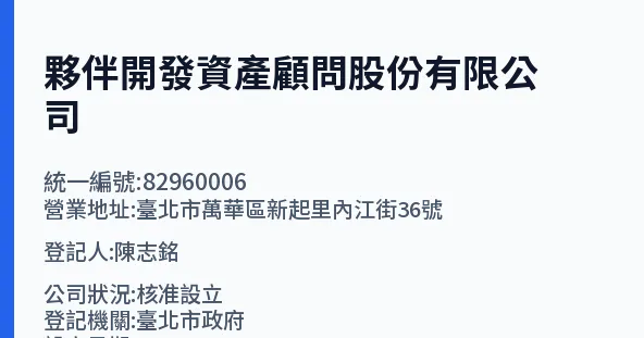 夥伴開發資產顧問股份有限公司的照片-統編 82960006(臺北市) 公司登記資料與營業項目詳細圖表