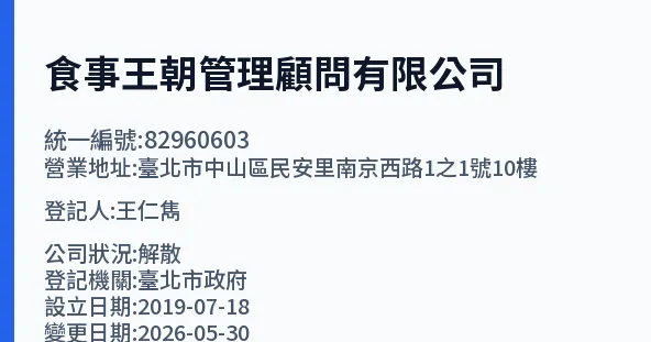 食事王朝管理顧問有限公司的照片-統編 82960603(臺北市) 公司登記資料與營業項目詳細圖表