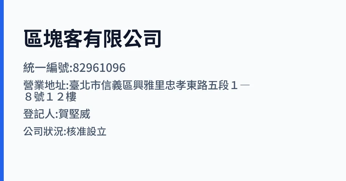區塊客有限公司 - 統編 82961096(臺北市) 公司登記資料與營業項目詳細圖表
