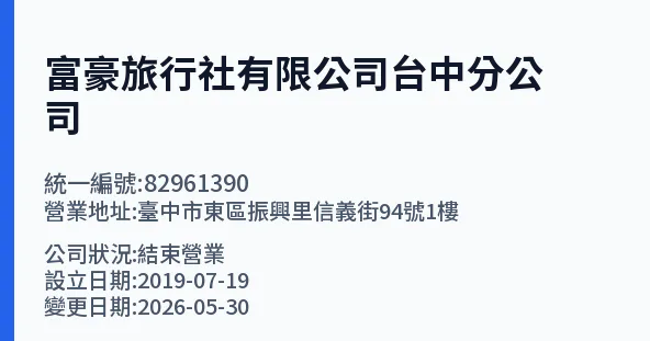 富豪旅行社有限公司台中分公司的照片-統編 82961390(臺中市) 公司登記資料與營業項目詳細圖表