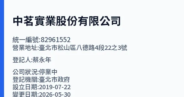 中茗實業股份有限公司的照片-統編 82961552(臺北市) 公司登記資料與營業項目詳細圖表