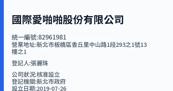 國際愛啪啪股份有限公司的照片-統編 82961981(新北市) 公司登記資料與營業項目詳細圖表