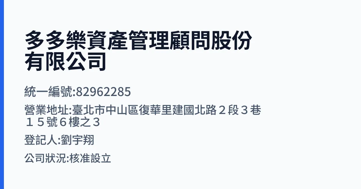 多多樂資產管理顧問股份有限公司 - 統編 82962285(臺北市) 公司登記資料與營業項目詳細圖表