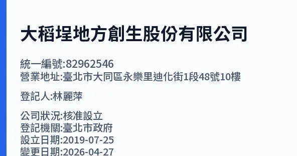 大稻埕地方創生股份有限公司的照片-統編 82962546(臺北市) 公司登記資料與營業項目詳細圖表