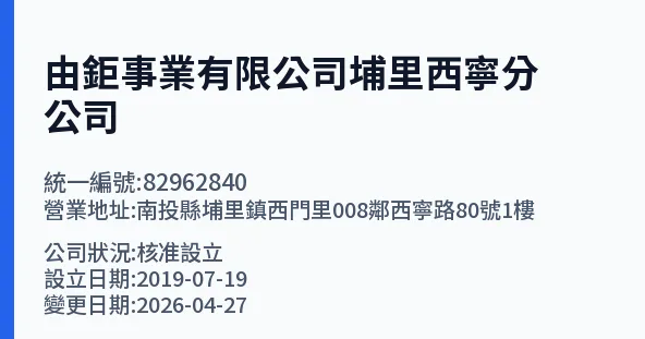 由鉅事業有限公司埔里西寧分公司的照片-統編 82962840(南投縣) 公司登記資料與營業項目詳細圖表