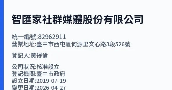 智匯家社群媒體股份有限公司的照片-統編 82962911(臺中市) 公司登記資料與營業項目詳細圖表