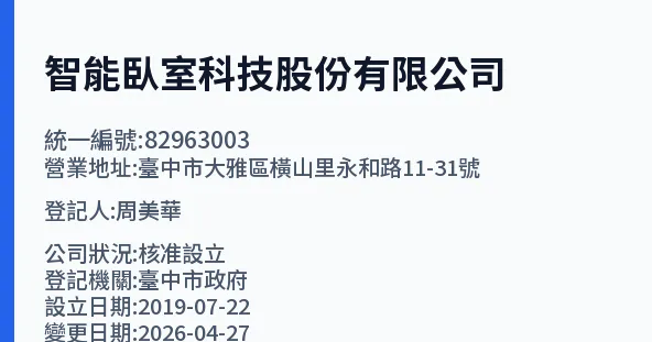 智能臥室科技股份有限公司的照片-統編 82963003(臺中市) 公司登記資料與營業項目詳細圖表