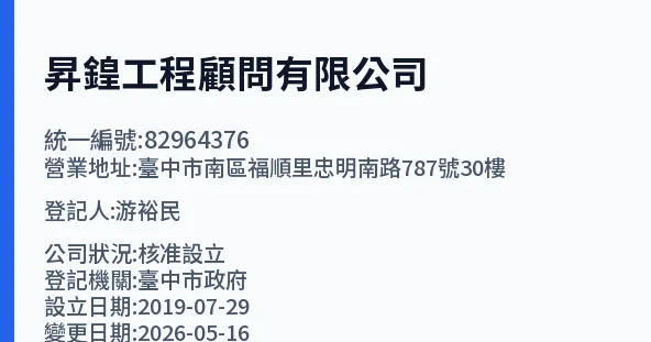 昇鍠工程顧問有限公司的照片-統編 82964376(臺中市) 公司登記資料與營業項目詳細圖表