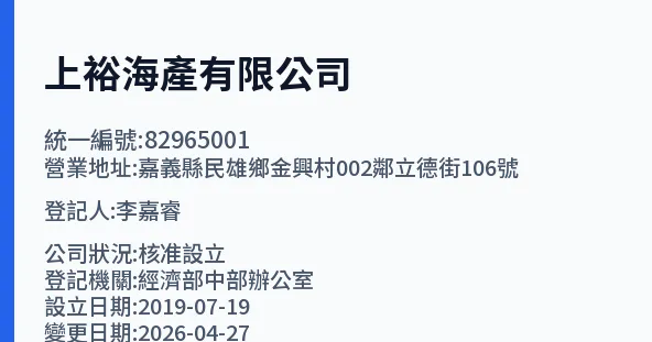 上裕海產有限公司的照片-統編 82965001(嘉義縣) 公司登記資料與營業項目詳細圖表